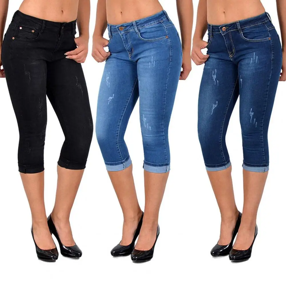 Pantalones vaqueros Capri de cintura alta para mujer, pantalones Capri ...