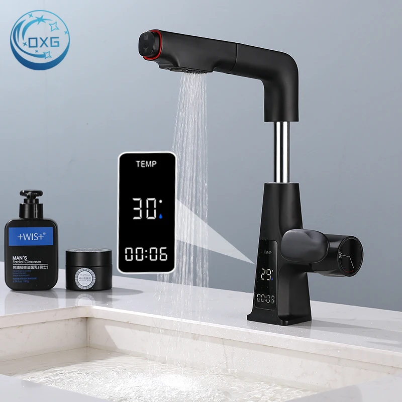 OXG Brass Digital Display Bathroom Basin Faucet, Pull Out And Rotatable ...