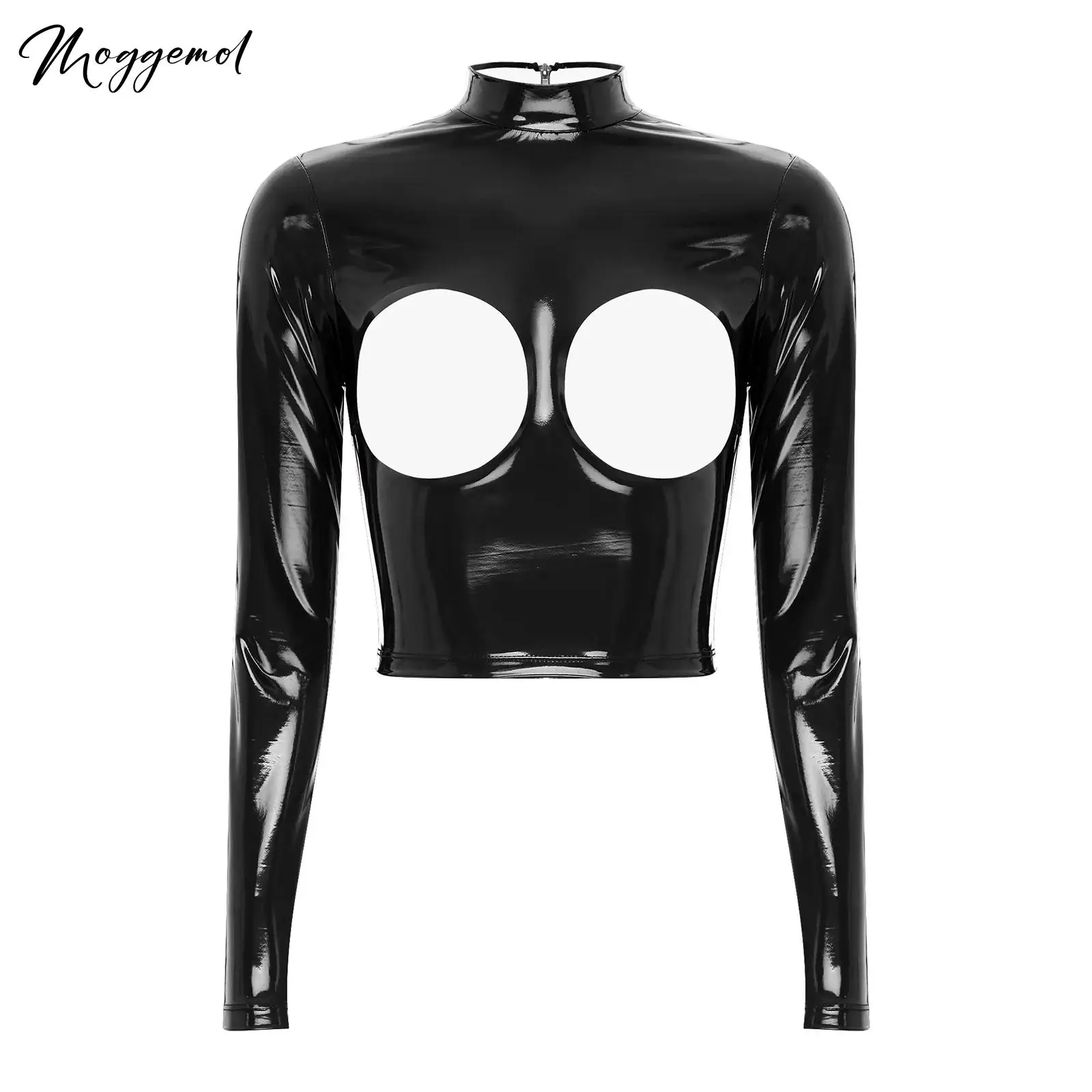 Womens Shiny Metallic Pvc Leather Mock Neck Zipper Back Long Sleeve