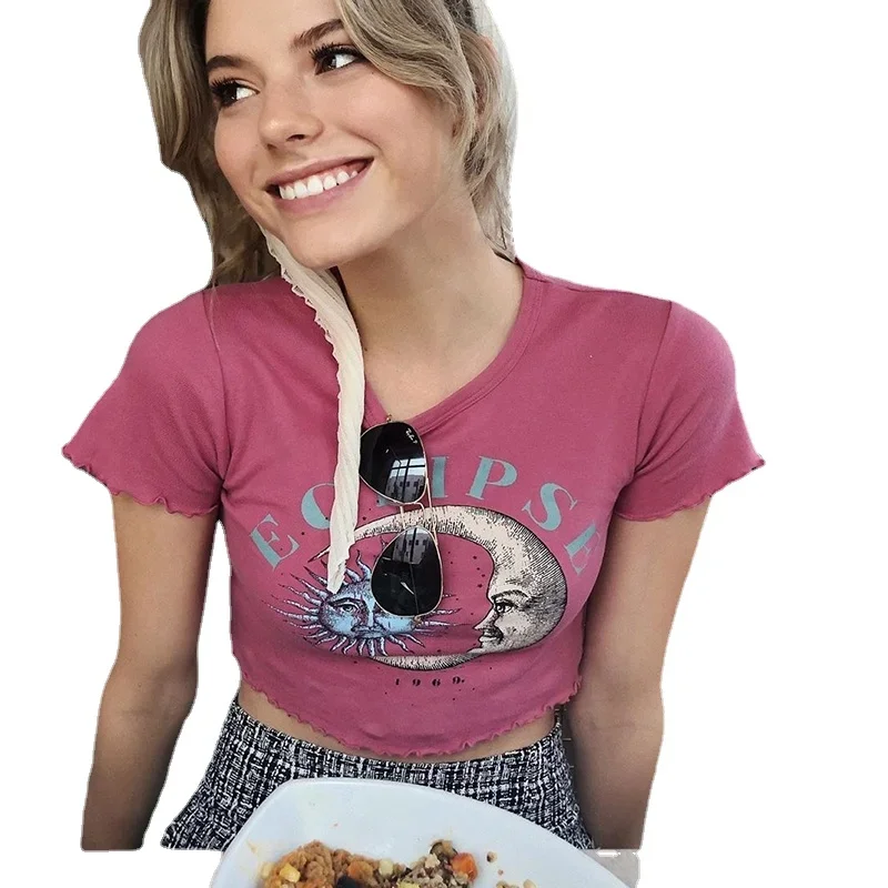 New-Retro-Jam-Red-Printed-Short-T-shirt-Women-s-Trendy-I-Midriff-Baring ...