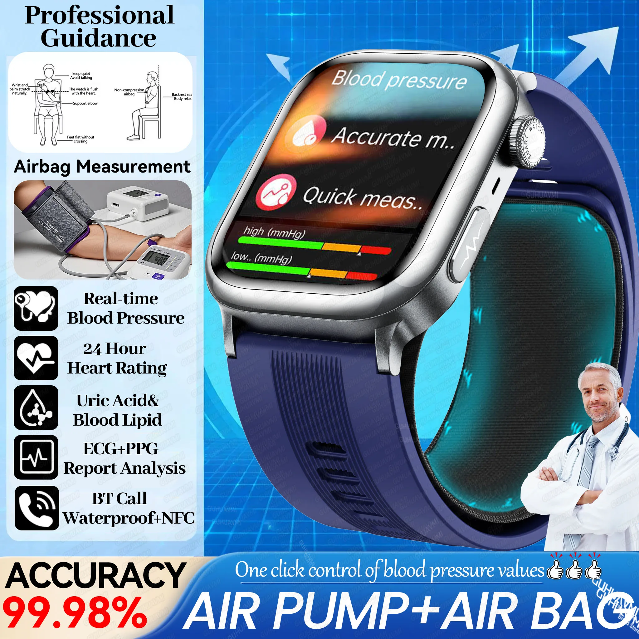 2026New Air Pump Air Bag Measurement Blood Pressure Smart Watch Men ECG ...