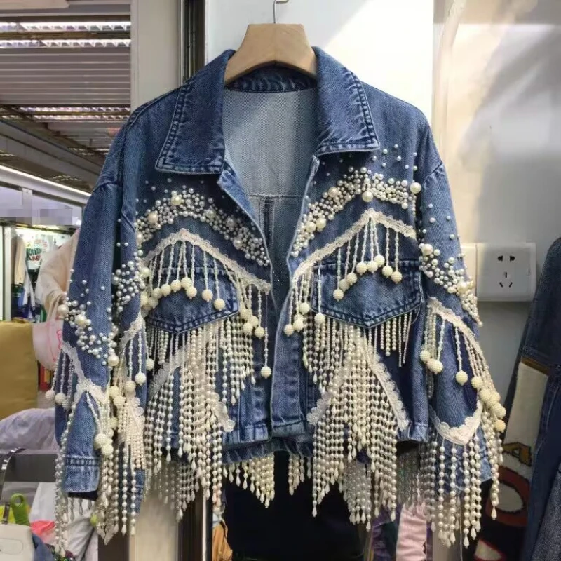 Luxury-Woman-Pearls-Beaded-Tassels-Denim-Jacket-Pearls-Fringed-Holes ...