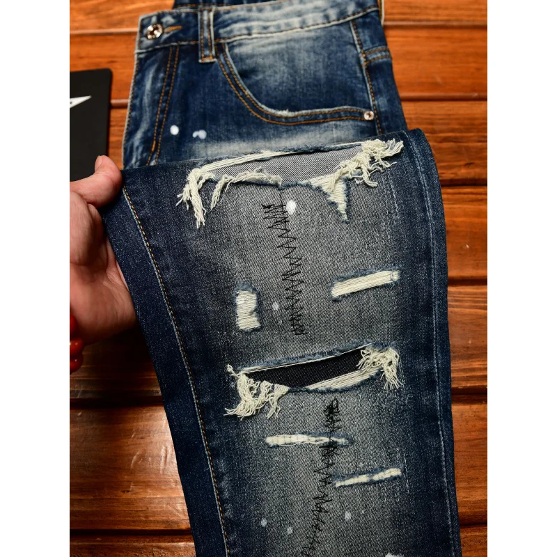 High end nostalgic jeans for men, slim fit with small holes, patches ...