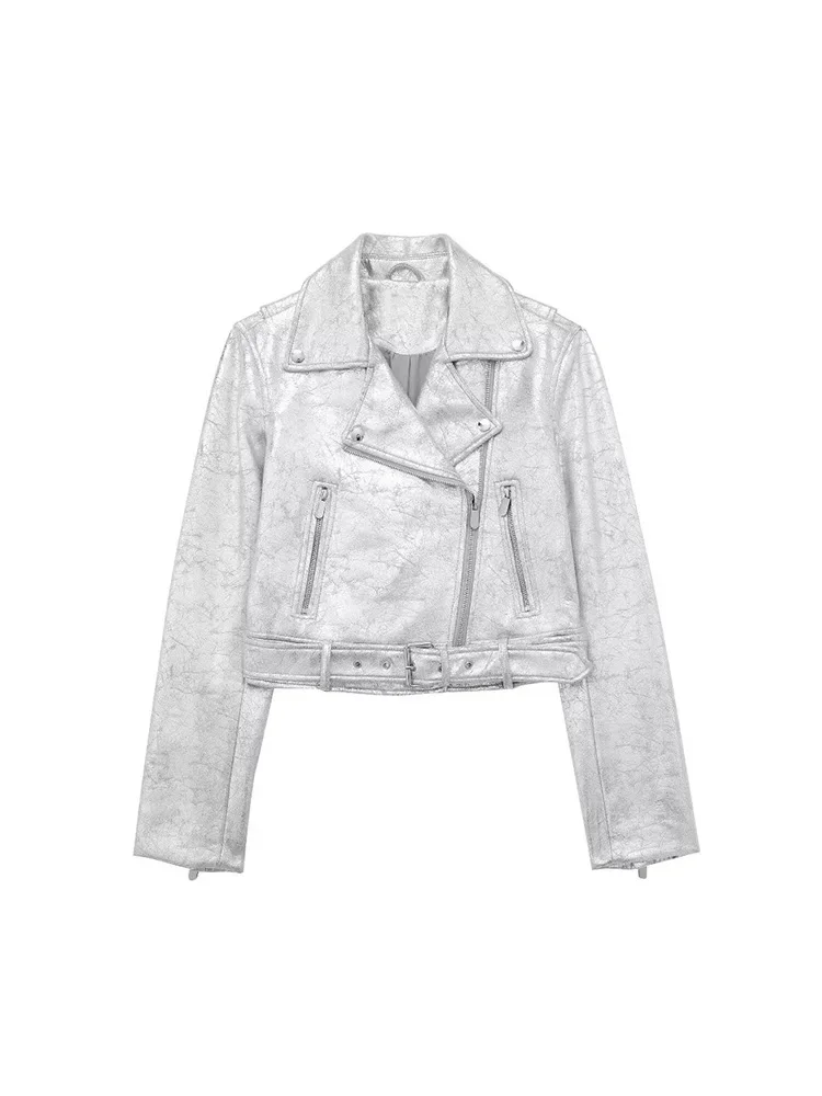 Willshela-Women-Fashion-Silver-Front-Zipper-Cropped-Jackets-Vintage ...