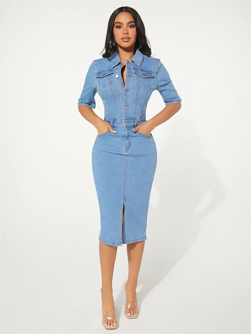 Fashion-Jean-Dress-Women-Summer-Y2K-Clothes-Turn-Down-Collar-Button-Up ...