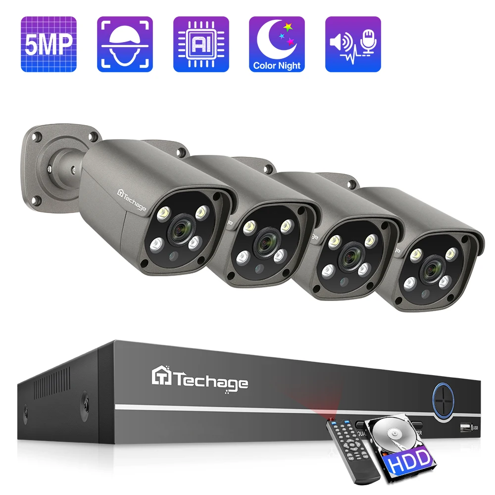 Techage 8CH 5MP POE NVR IP Camera System AI Human Detected Two-way ...
