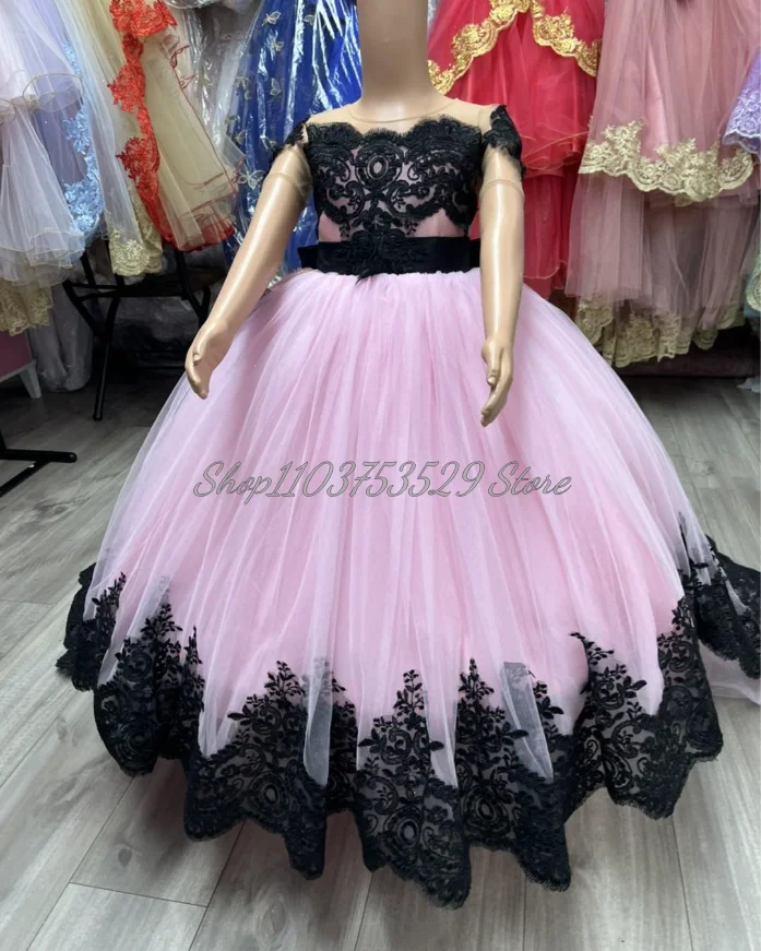 Black-Pink-Simple-Little-Princess-Ball-Gowns-Delicate-O-Neck-Applique ...
