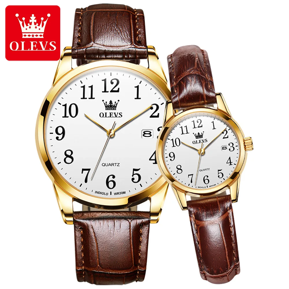 OLEVS-5566-Couple-Watch-for-Lovers-Leather-Strap-Simple-Bussiness-Watch ...
