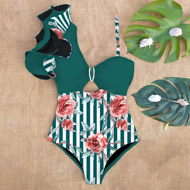 Sexy One Shoulder Ruffle One Piece Swimsuit Print Floral Swimwear Women ...