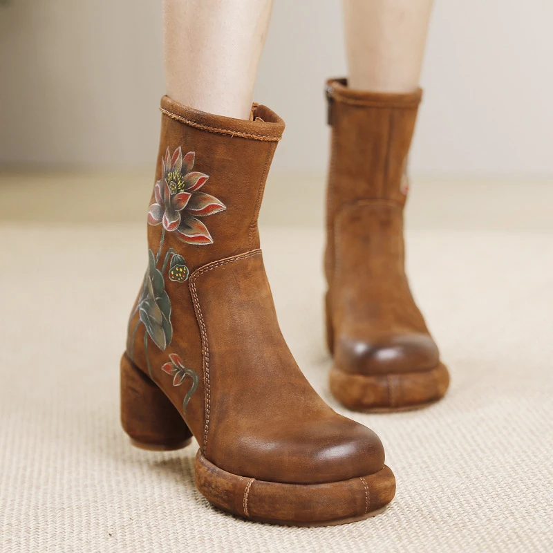 7.5cm Ankle Mid Calf Boots Women Spring Autumn Chunky Heels Designer ...