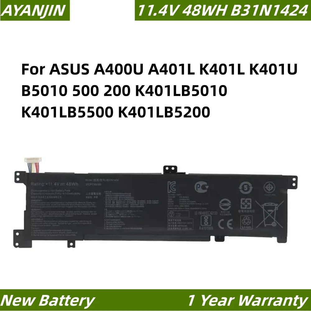 11.4V 48Wh B31N1424 Laptop Battery For ASUS A400U A401L K401L K401U ...