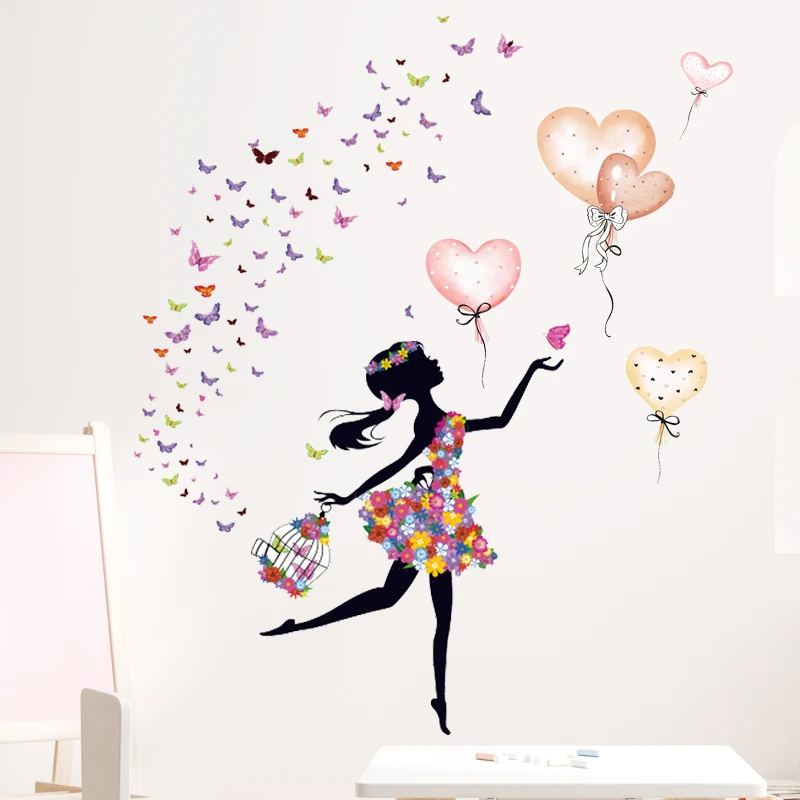 Beautiful Girl Butterfly Flowers Art Wall Stickers | Flower Girl Decor ...