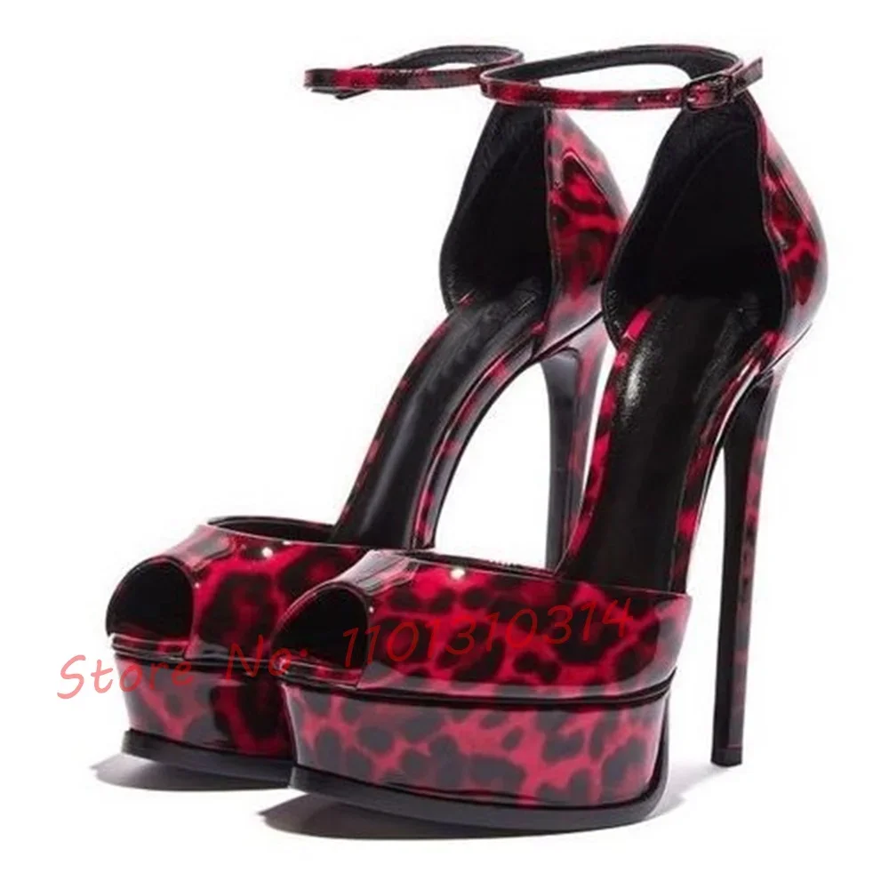 Red Leopard Platform Heels Sandals Women Sexy Peep Toe Super High Thin ...