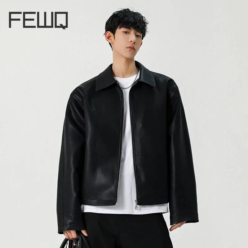 FEWQ High Street Men's PU Leather Jackets Solid Color Turn-down Collar ...