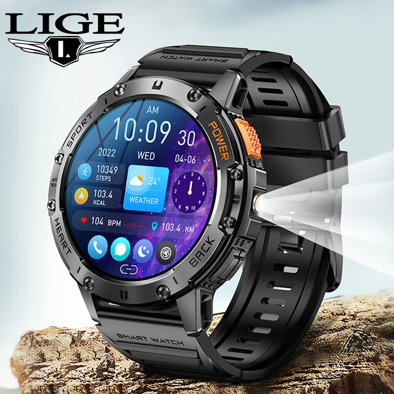 LIGE 1.43” AMOLED Smartwatch Men With Flashlight Sports Waterproof ...