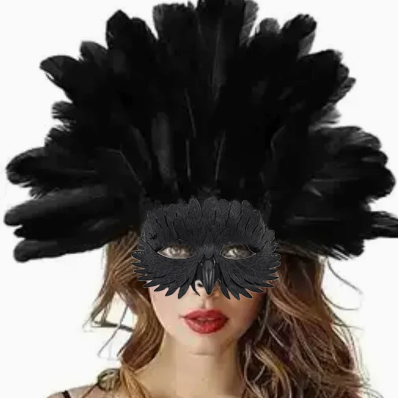 2-in-1 Halloween Half Bird Beak Eagle Face Mask and FEATHER Headband ...
