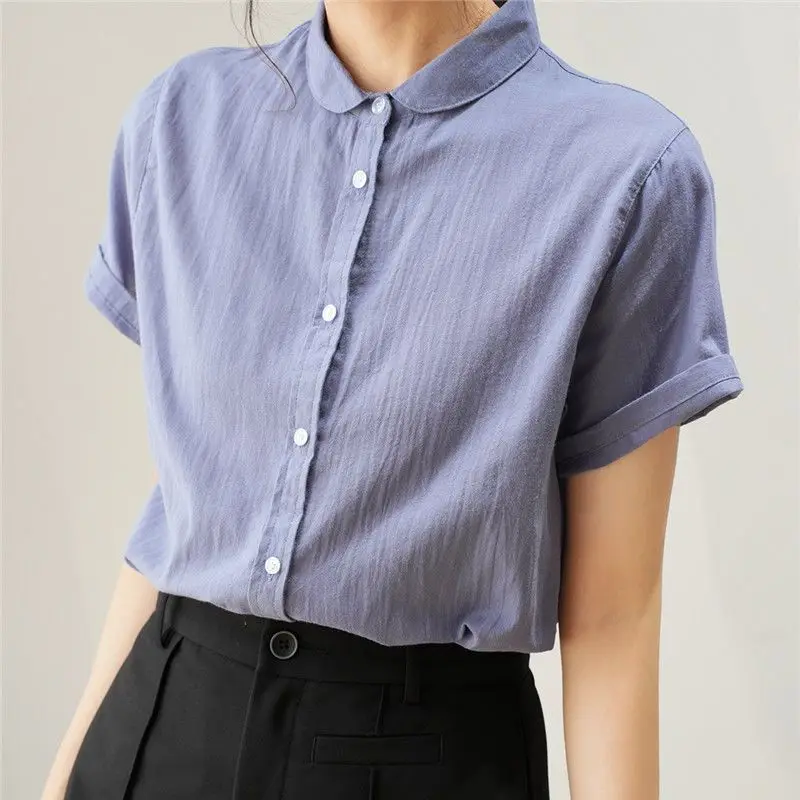 Vintage Button Loose Blouse Summer New Short Sleeve All-match ...