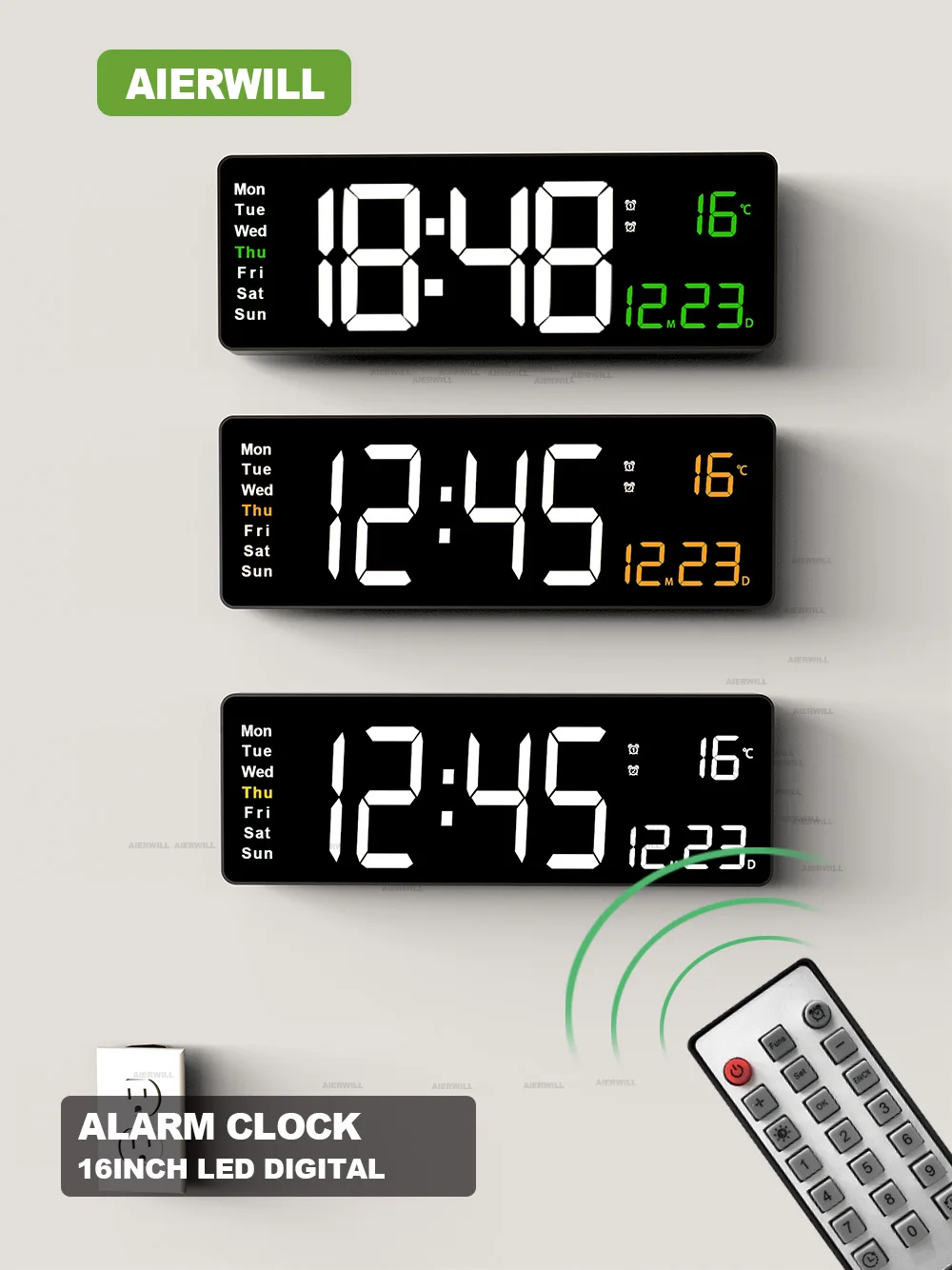 16inch Digital Wall Clock Large LED Alarm Clock Remote Control Date ...