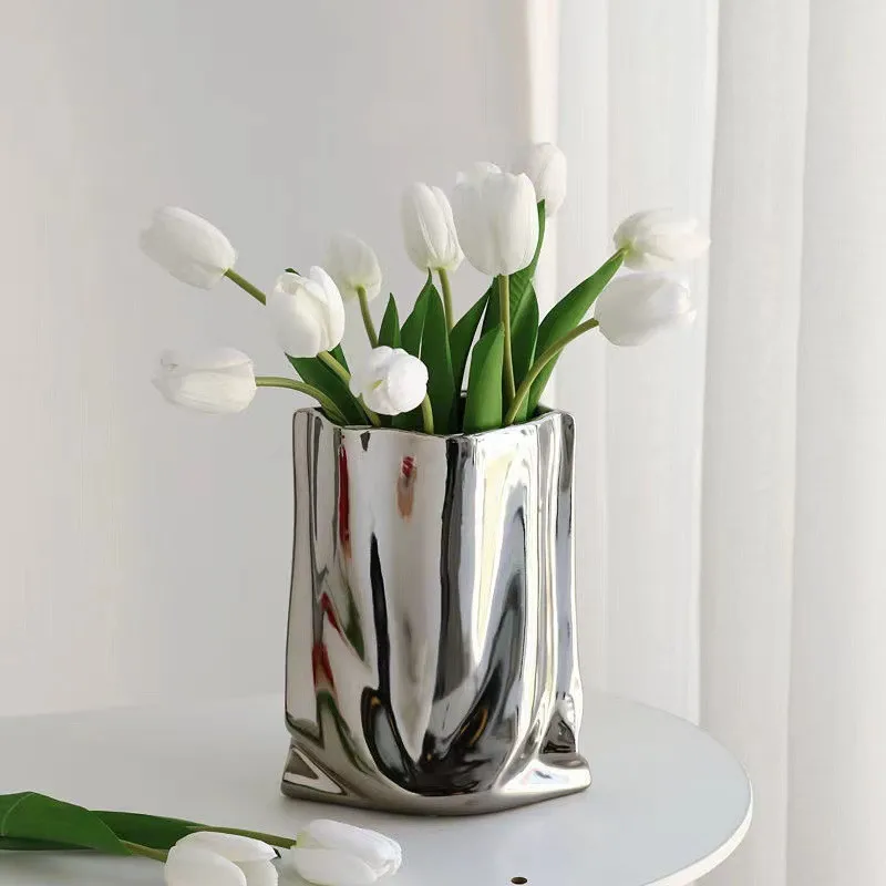 Silver Ruffled Flower Vase Ceramic Vase Porcelain Flower Arrangement ...