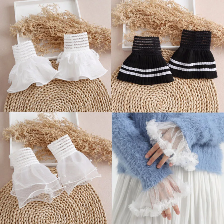 New White Women Detachable Sleeve Fake Cuffs Female Lace Pleated Flare ...