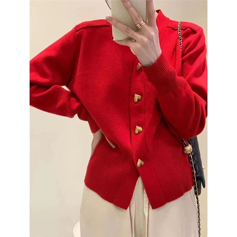 Ladies New V-Neck Love Button Design Sense Solid Color Knitted Cardigan ...