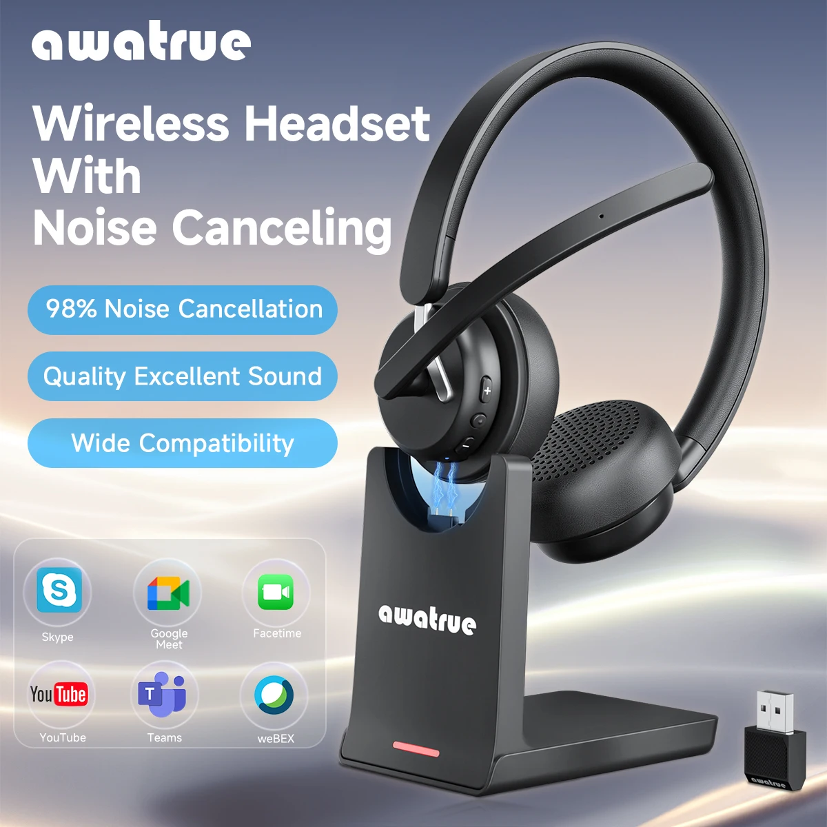 AWATRUE EH11 Wireless Bluetooth Headset with AI Noise Cancelling Mic ...