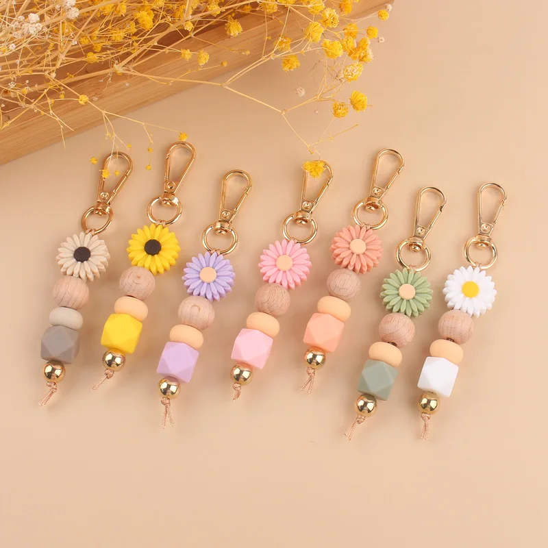 Creative-Cartoon-Handmade-Beaded-Daisy-Silicone-Key-Chains-Wristlet ...