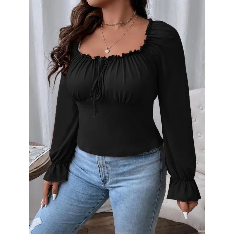 Plus Size 1XL-5XL Autumn Women's Long Sleeve Women Solid Color Shirt ...
