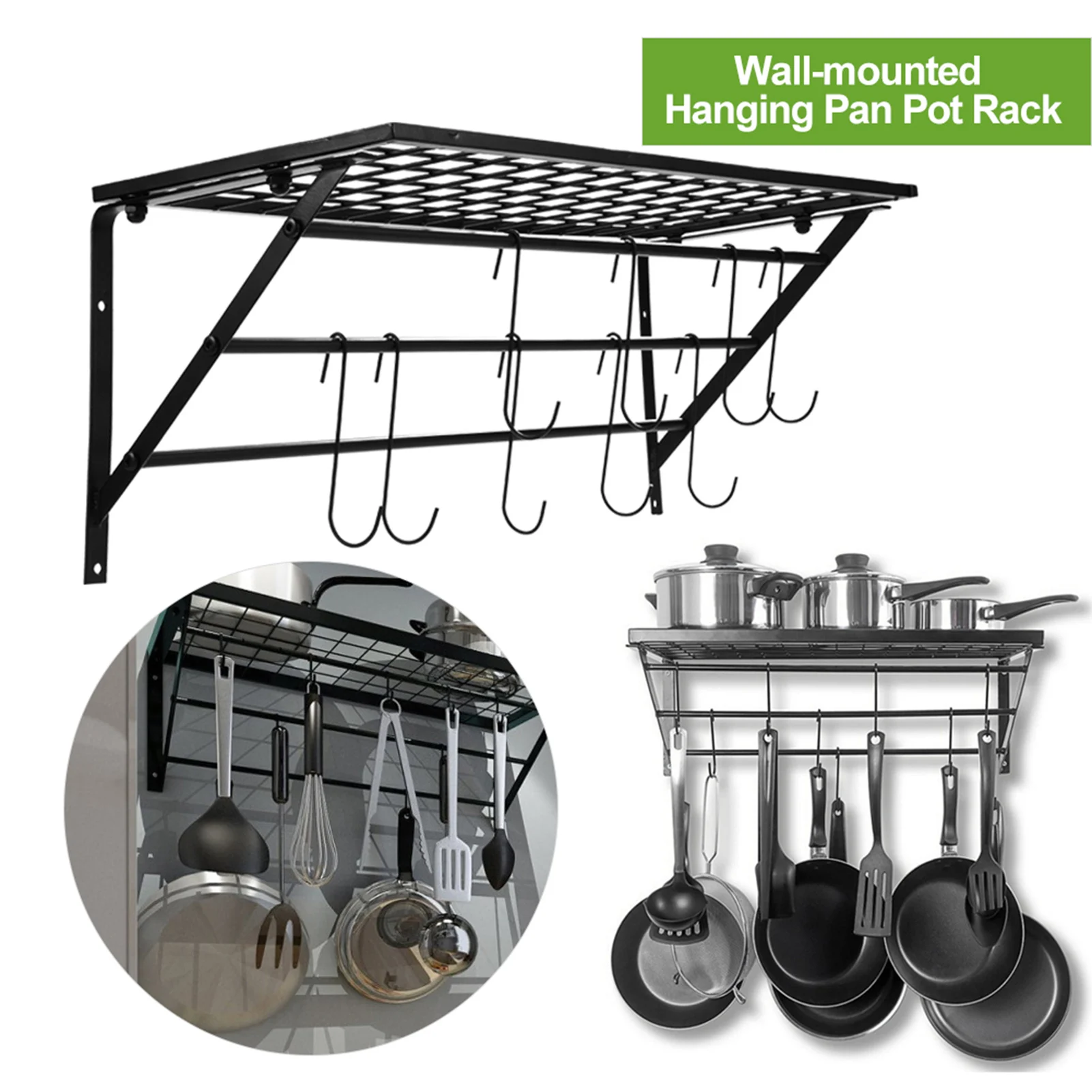 Black-Metal-Hanging-Pan-Pot-Rack-Wall-Mounted-with-10-Hooks-Kitchen ...
