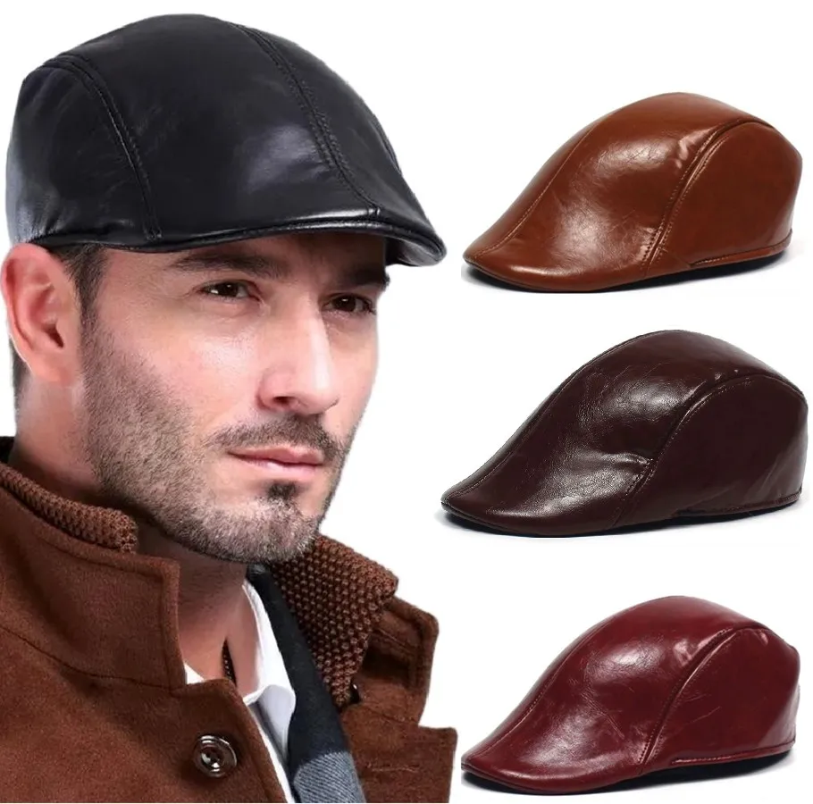 Fall Winter PU Men's Beret Hat Fashionable Casual Style Headwear for ...