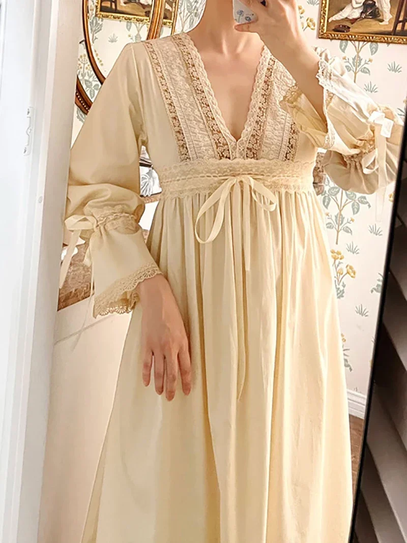 Women-Vintage-Princess-Night-Dress-Spring-Autumn-Pure-Cotton-V-Neck ...