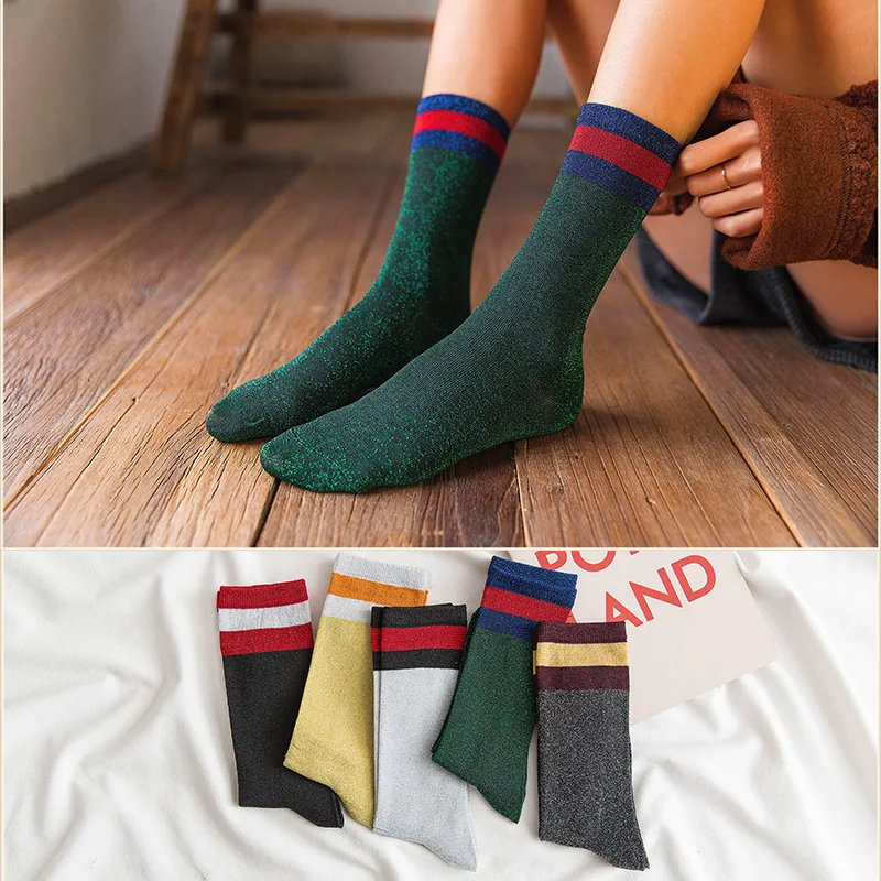 Fashion Shiny Glitter Striped Women Socks Trendy Rocks Roll Sparkled ...