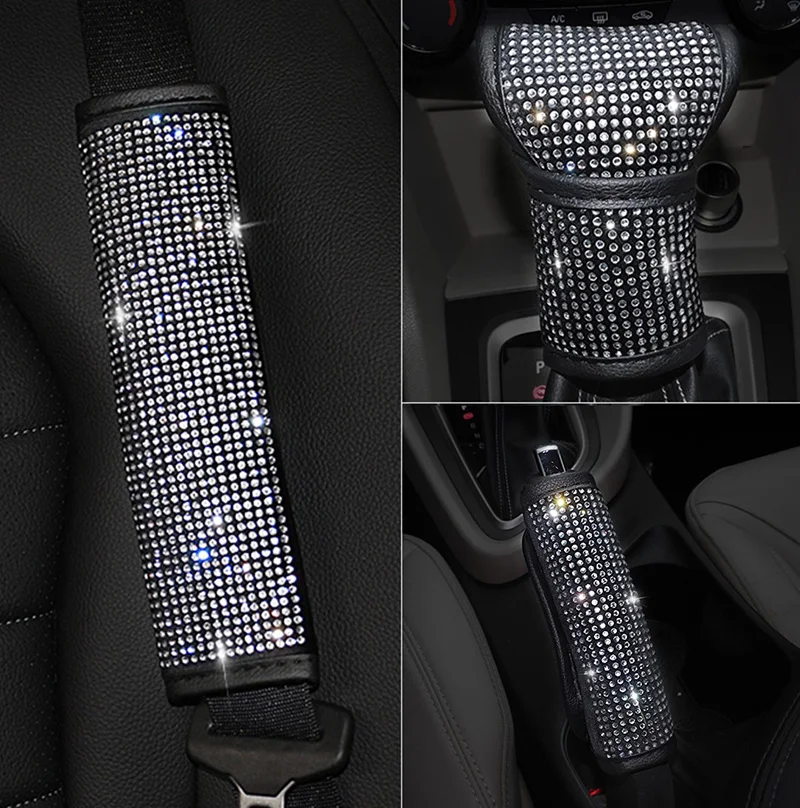 Bling Bling Rhinestones Crystal Car Handbrake Cover Gear Shift Collars ...