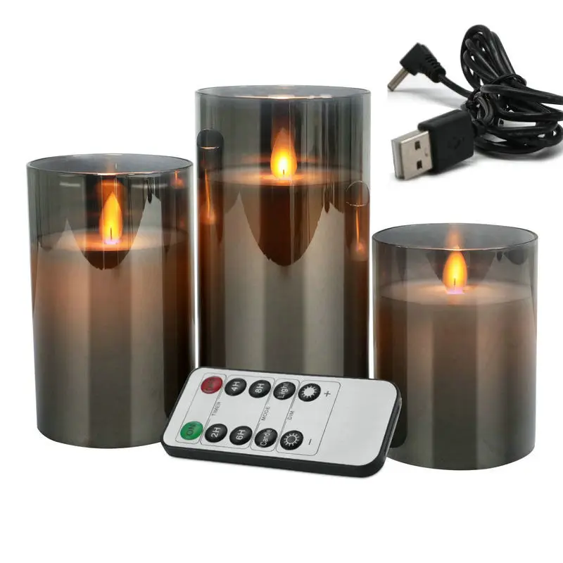 USB Rechargeable LED Flameless Pillar Candle set Flickering Moving Wick ...