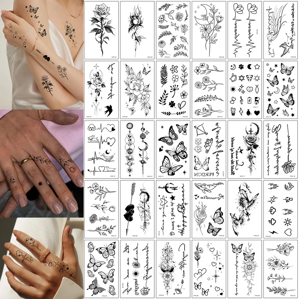 30pcs Disposable Small Tattoo Stickers for Women Men Flowers Moon Heart ...