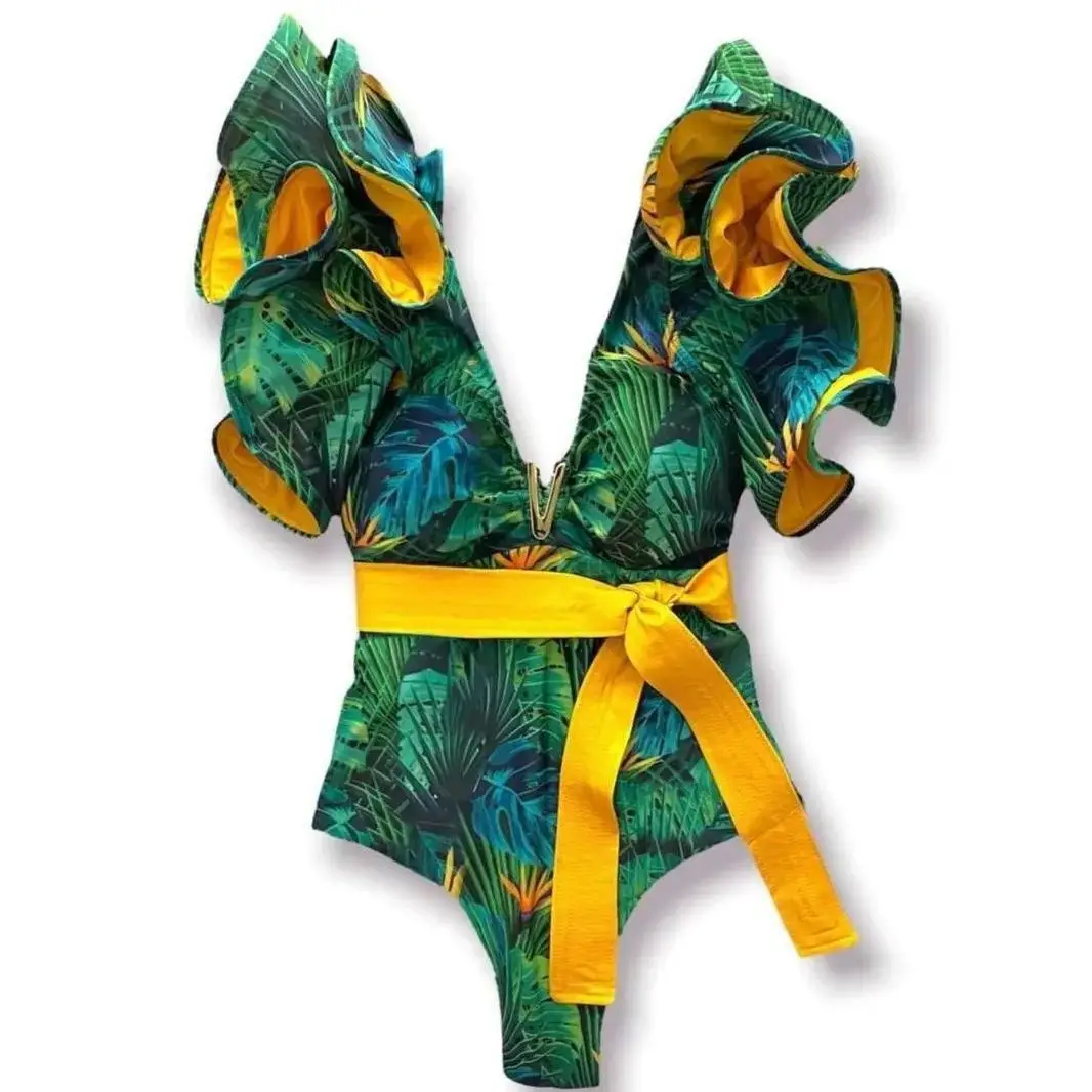 Bañador Sexy de una pieza con cuello en V para mujer, traje de baño con cinturón, Monokini con ...