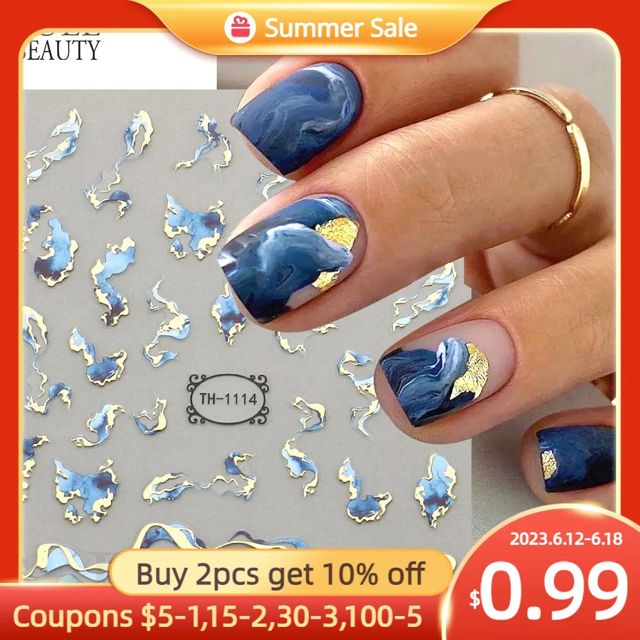 3d Golden Wave Line Nail Sticker Marble Blue Geometry Abstract Flowers ...