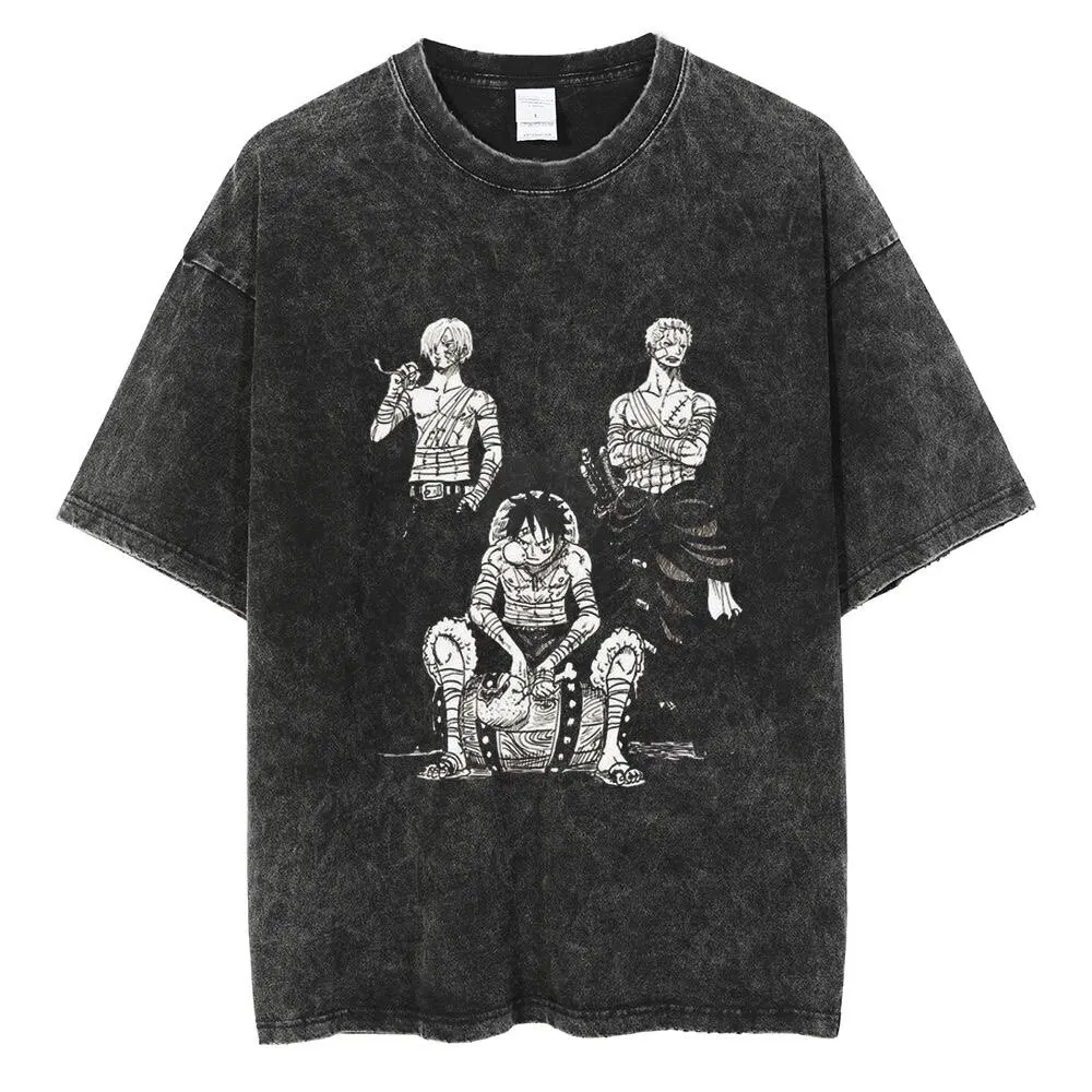 Acid Washed One Piece Luffy Zoro Sanji Graphic Tee Unisex Oversized ...