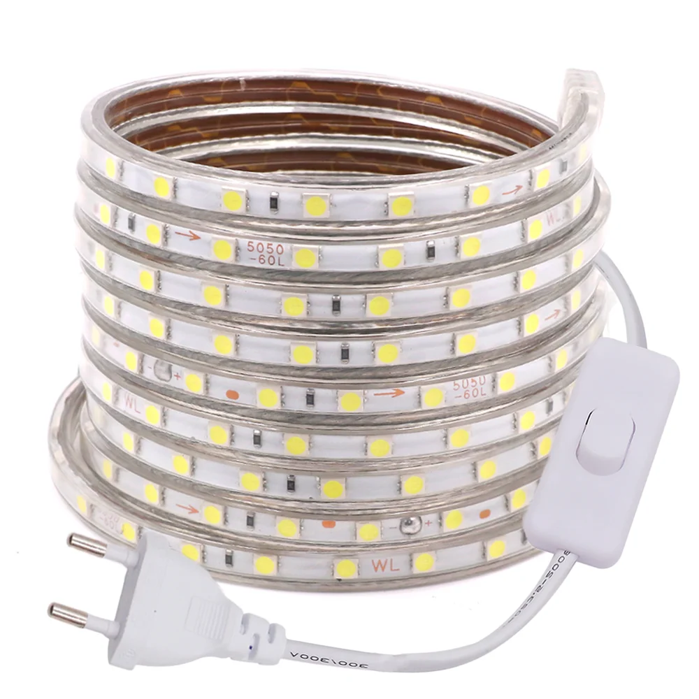 AC 220V LED Strip Light Waterproof With Switch Plug 5050 SMD 60Leds/m ...