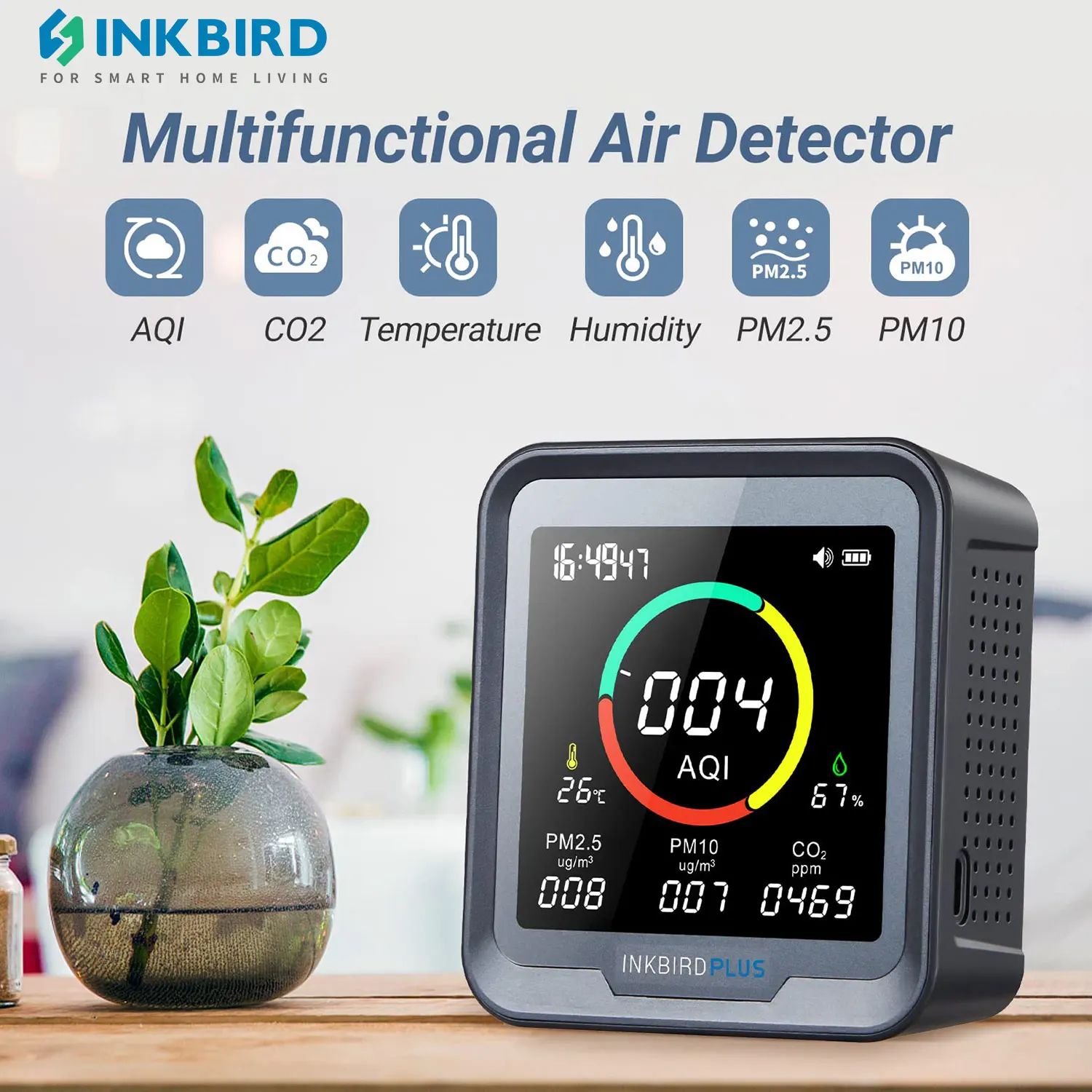 INKBIRDPLUS Air Quality Monitor Detects CO2, PM2.5, PM10, AQI, Temperature and Humidity with ...