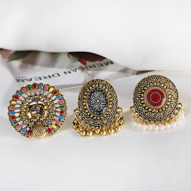 Retro Indian Big Peacock Round Metal Ring for Women Boho Carved Flower ...