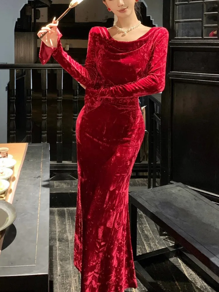 Autumn-Red-Velvet-Evening-Dresses-Swinging-Collar-Bodycon-Birthday ...