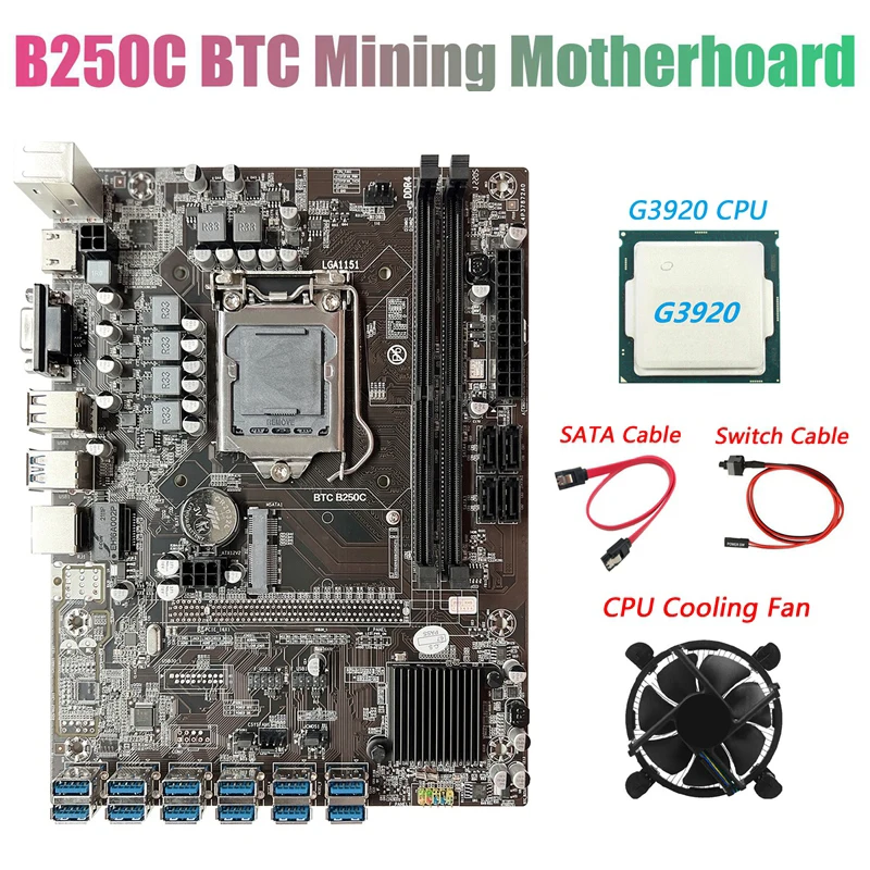 B250c Btc Mining Motherboard With G3920 Cpu+fan+sata Cable+switch Cable 12xpcie To Usb3.0 Gpu ...