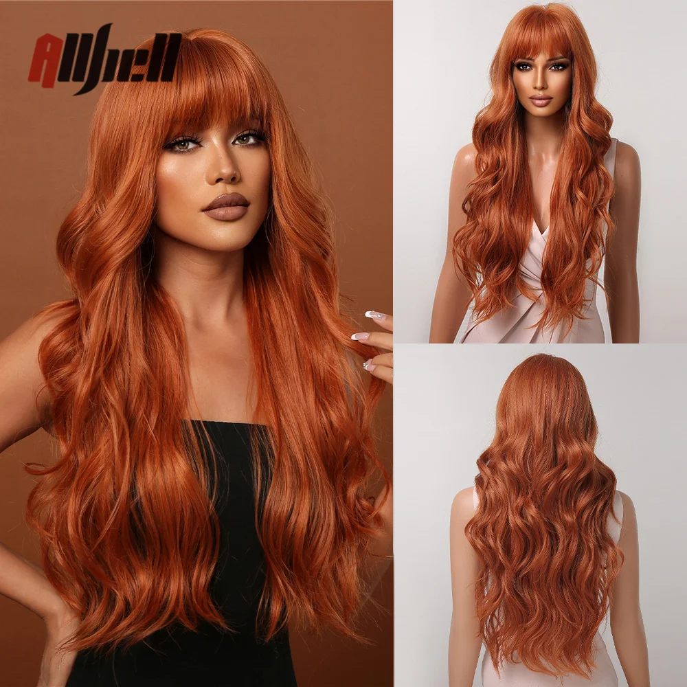 Copper-Ginger-Brown-Wigs-with-Bangs-Natural-Synthetic-Long-Wavy-Wigs ...