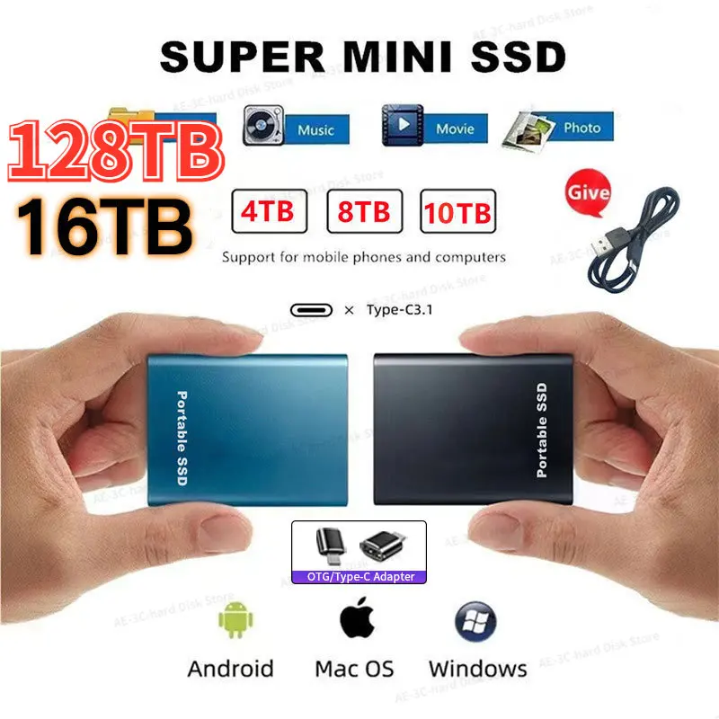 고속 외장 SSD 하드 드라이브, 모바일 하드 디스크 저장 장치, 데스크탑 노트북, 안드로이드, 맥용, 128TB, 64TB ...