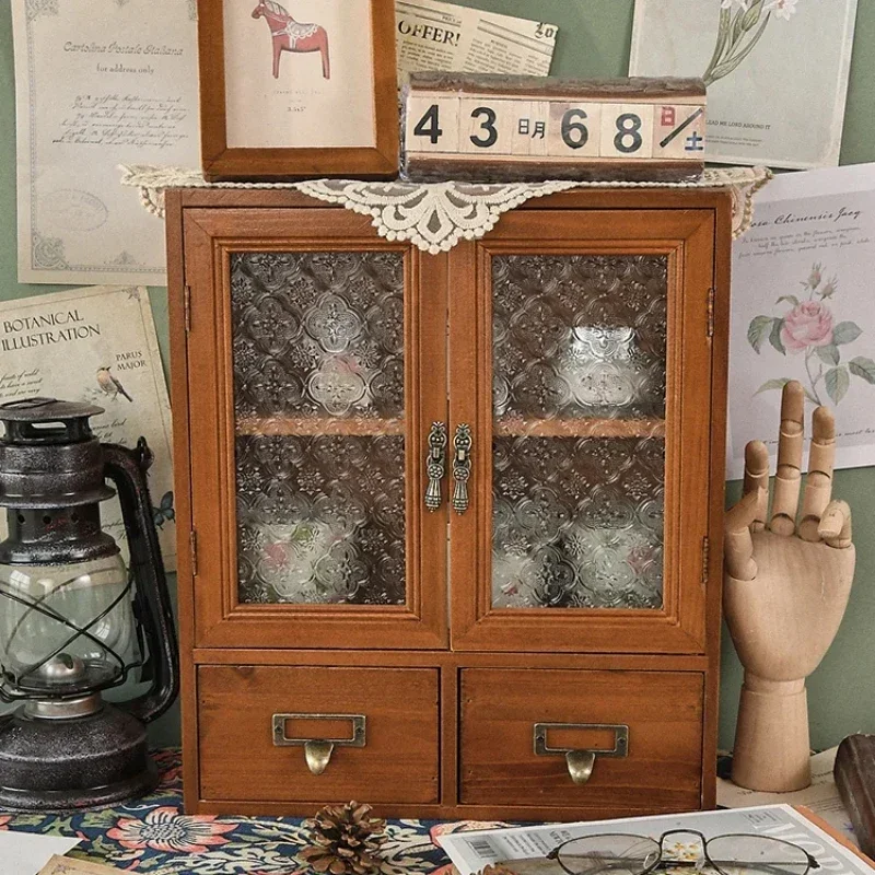 Nordic Solid Wood Retro Double Door Display Cabinet Sundry Cosmetics ...