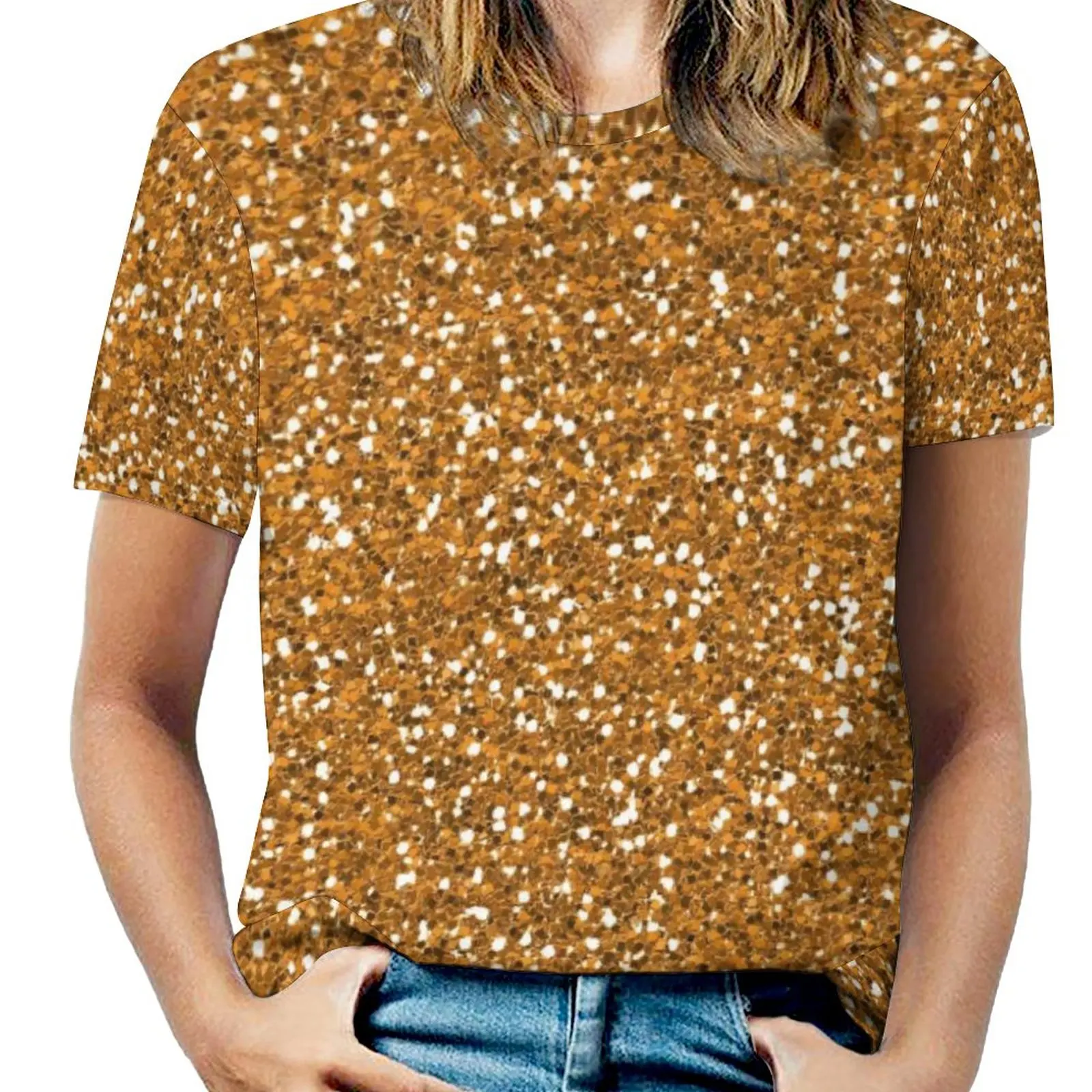 Bling Sparkle T Shirt Gold Glitter Print Kawaii T Shirts Short Sleeve ...