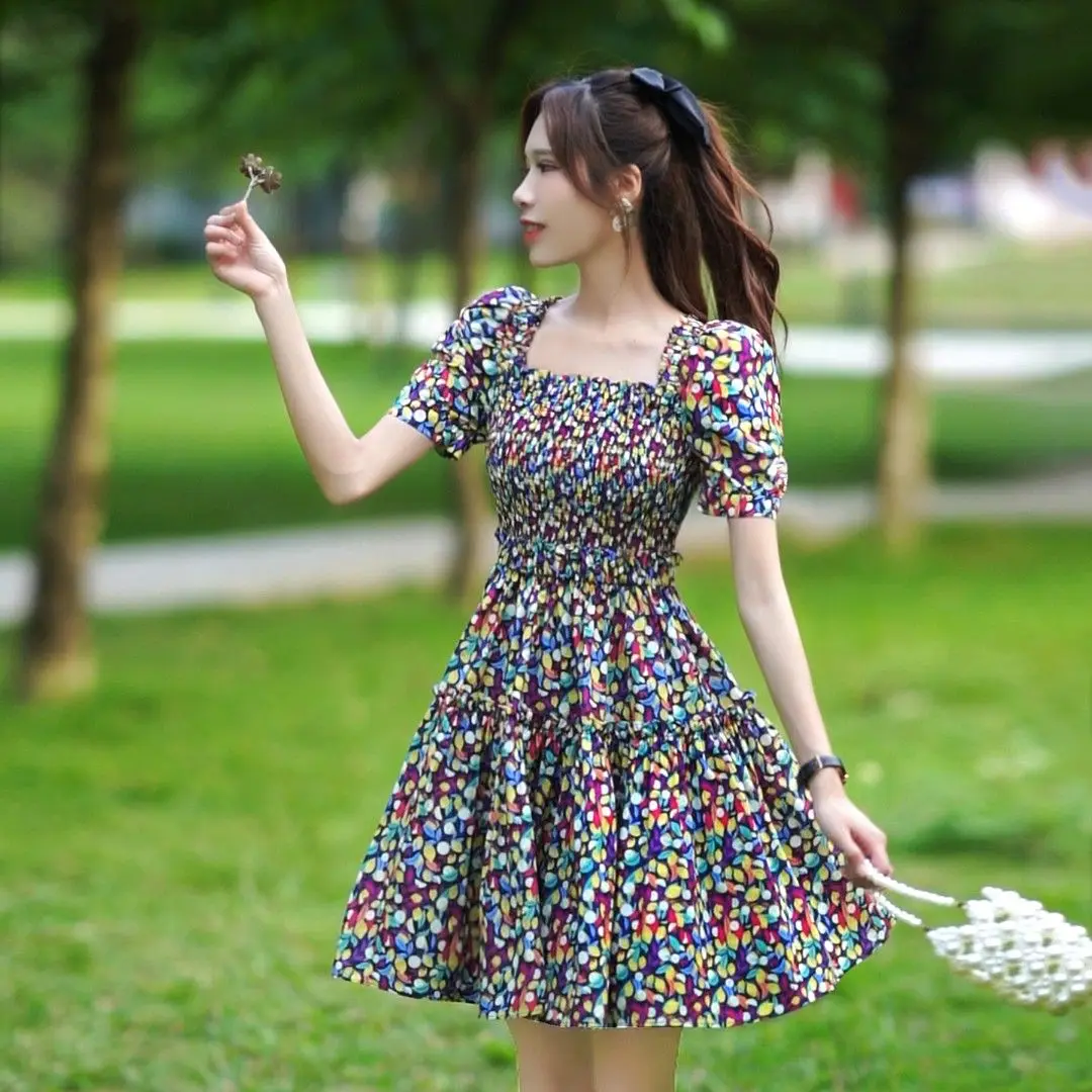 French-Floral-Print-Mini-Dresses-Women-s-High-Waist-Casual-Short-Sleeve ...