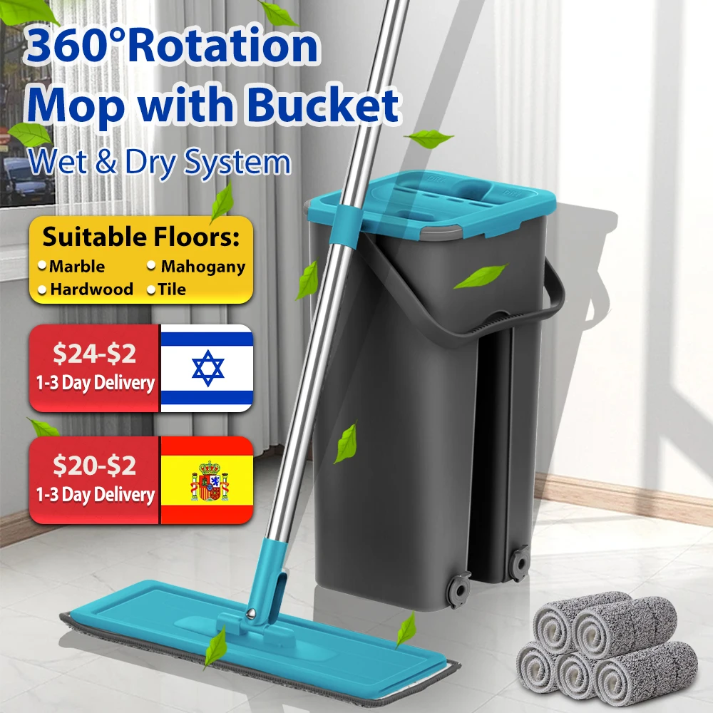 Flat Squeeze Mop with Spin Bucket Hand Free Wringing Floor Cleaning ...