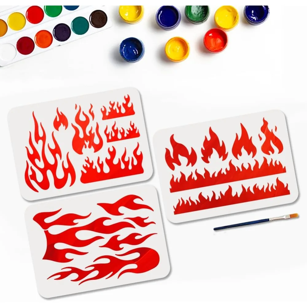 3Pcs Flame Stencil 11.7×8.3inch Fire Stencils with Paint Brush Burn ...